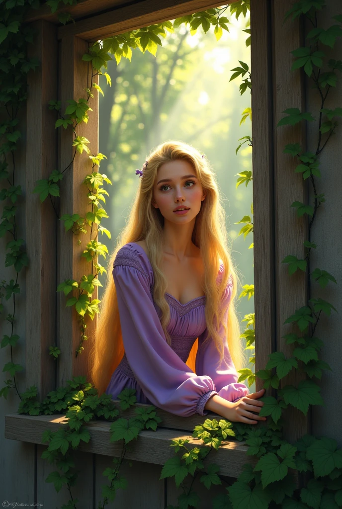 Young woman, long blonde hair, Modern Rapunzel, lilac blouse - SeaArt AI