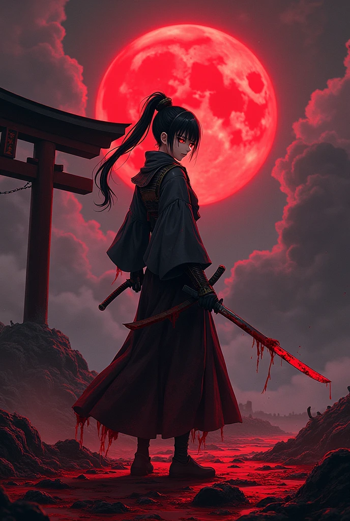 Black, red and blood-stained female, Samurai with long Japanese ...