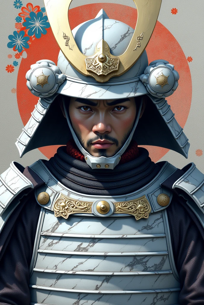 Japanese samurai portrait with bright and expressive white marble armor ...
