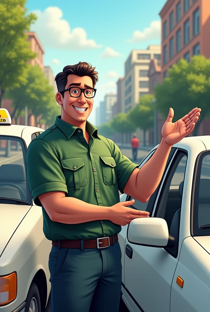 Draw a white taxi driver, strong, 3, short hair, wearing glasses ...