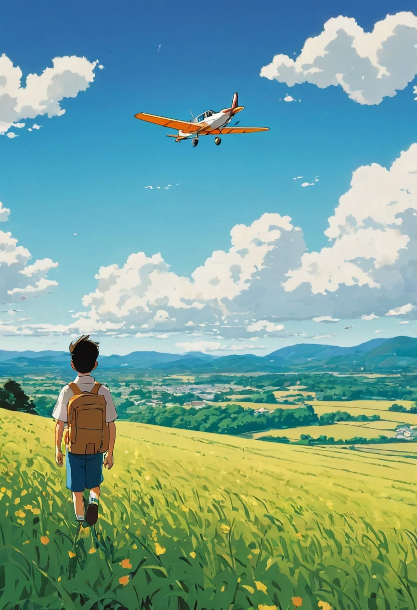 Draw a simple Tintin style art of a boy in a field with a detailed ...