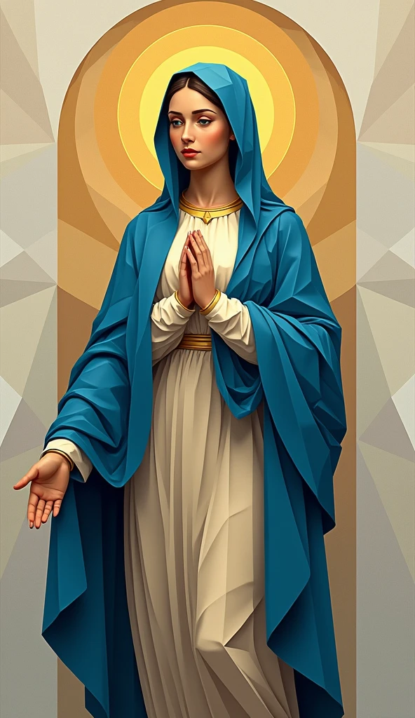 { "prompt": "A modern geometric artwork of the Virgin Mary, featuring ...