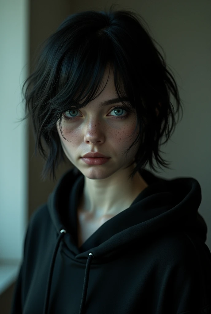 A 20-year-old British woman with blue eyes, short black hair that ...