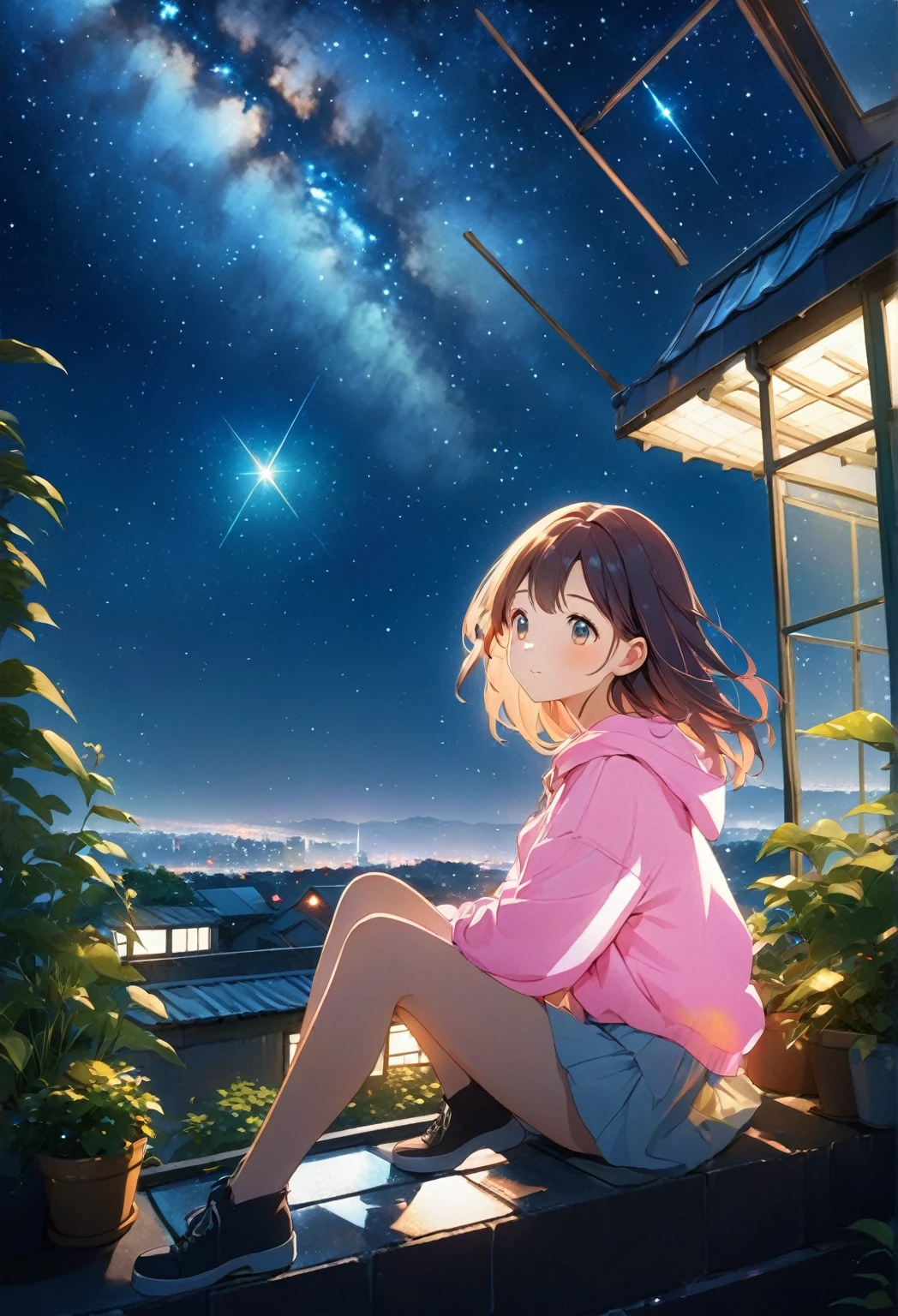 Anime girl sitting on a ledge looking at the stars, anime style 4 k ...