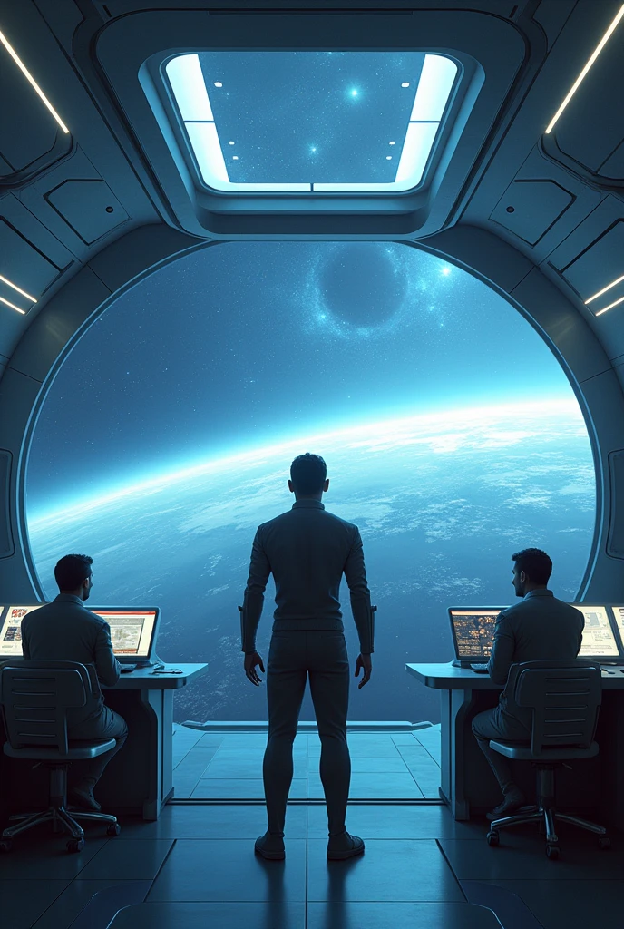 A futuristic control room inside a massive spaceship occupied by ...