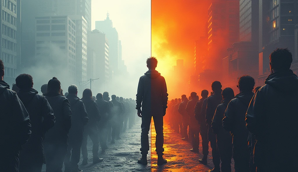 A hyper-realistic split-screen image of a person at a crossroads ...