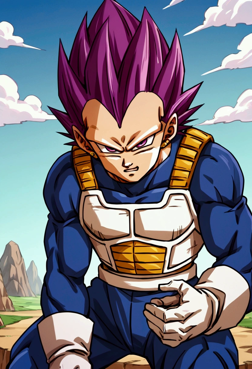 Vegeta Ultra Ego, purple hair, purple eyes, black pupil, wearing his ...