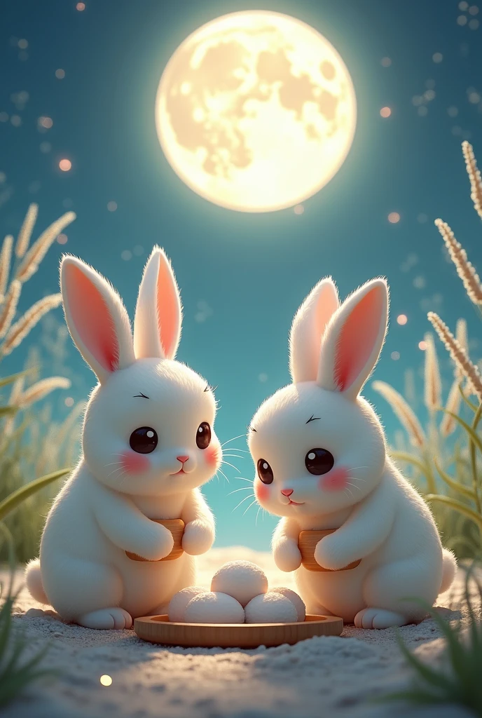 Huge full moon, two kawaii rabbits pounding rice cakes, Japanese silver ...