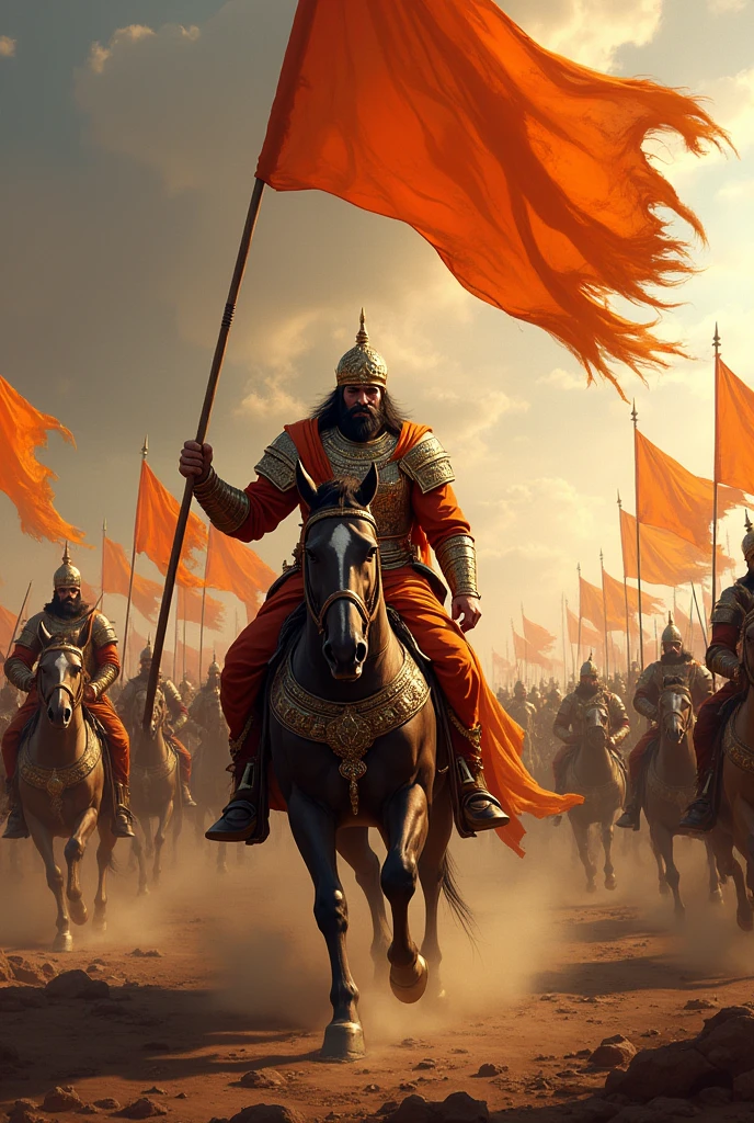 Create a pic of king of hindu in war with orange flag and fight with ...