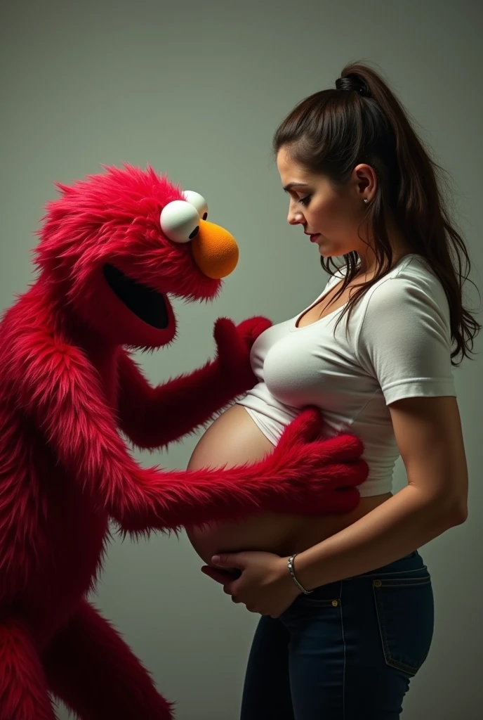 Elmo punching the pregnance womans stomach - SeaArt AI