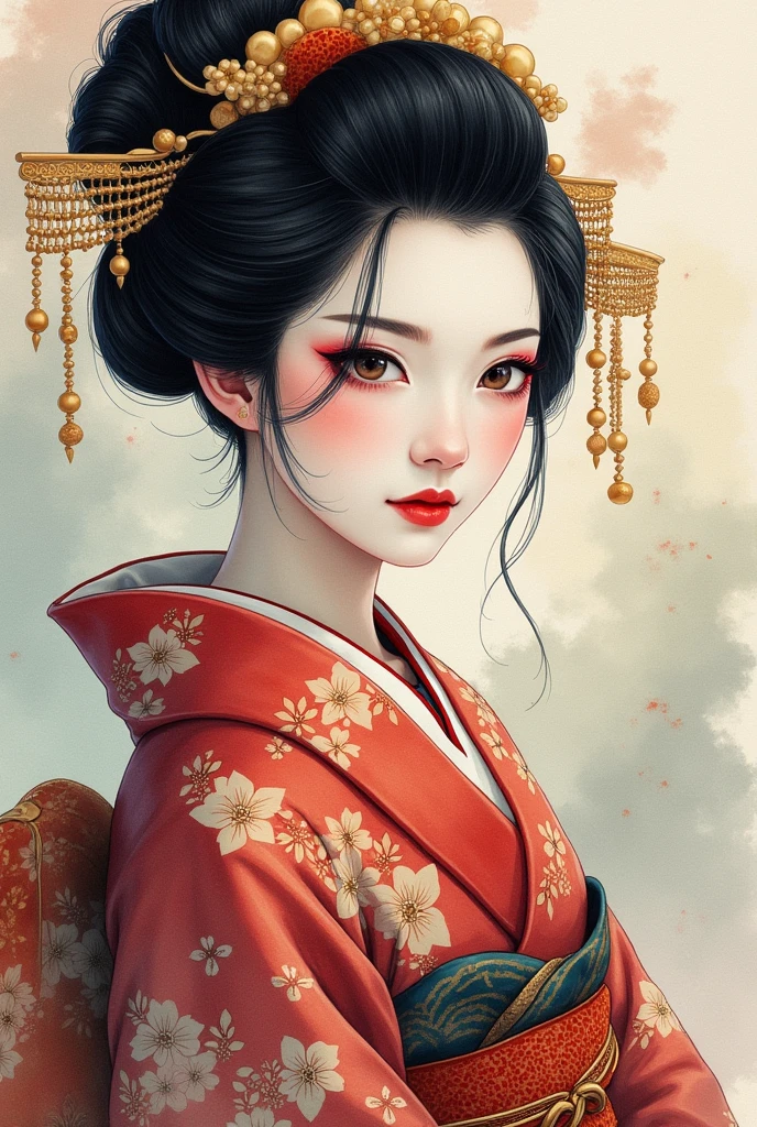Oiran、Edo painting、Dramatic art touch、Watercolor、composition - SeaArt AI