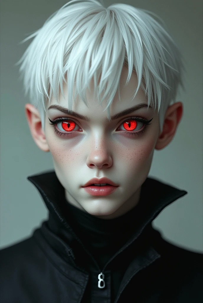 Create a realistic photo of a short white haired red eyed vampire male ...