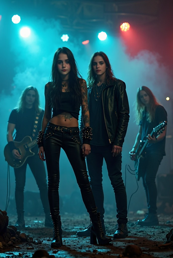 A dark, moody rock/metal band scene set in a stormy, post-apocalyptic ...