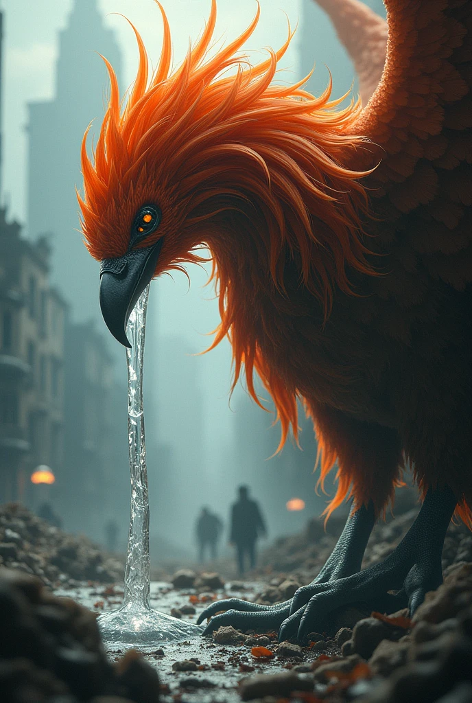 Give me an image with a crying phoenix and in the tears people with ...