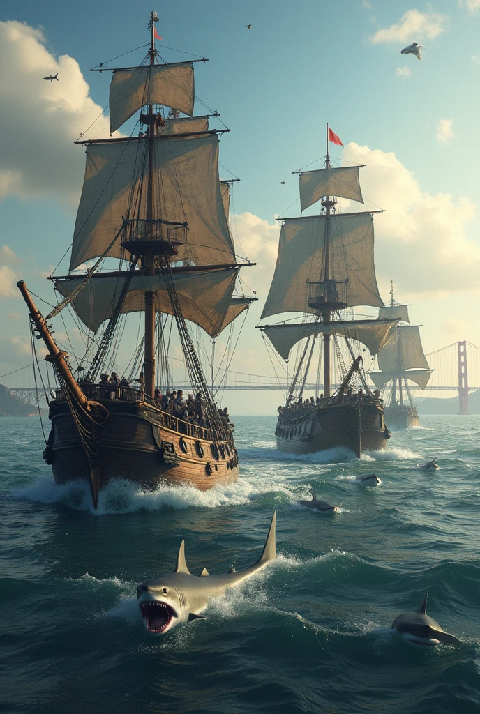 (photorealism:1.2), Pirate ships with sharks enter San Francisco Bay ...