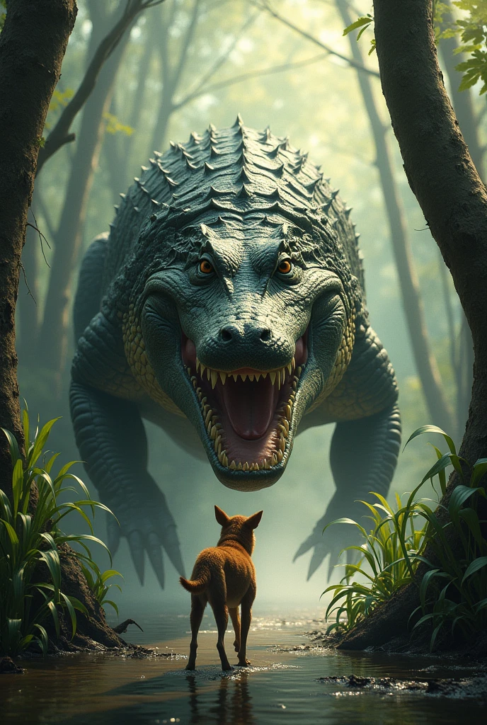 A dog crossing paths with an alligator - SeaArt AI