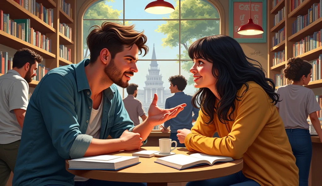 A lively café scene with two people engaged in animated conversation ...