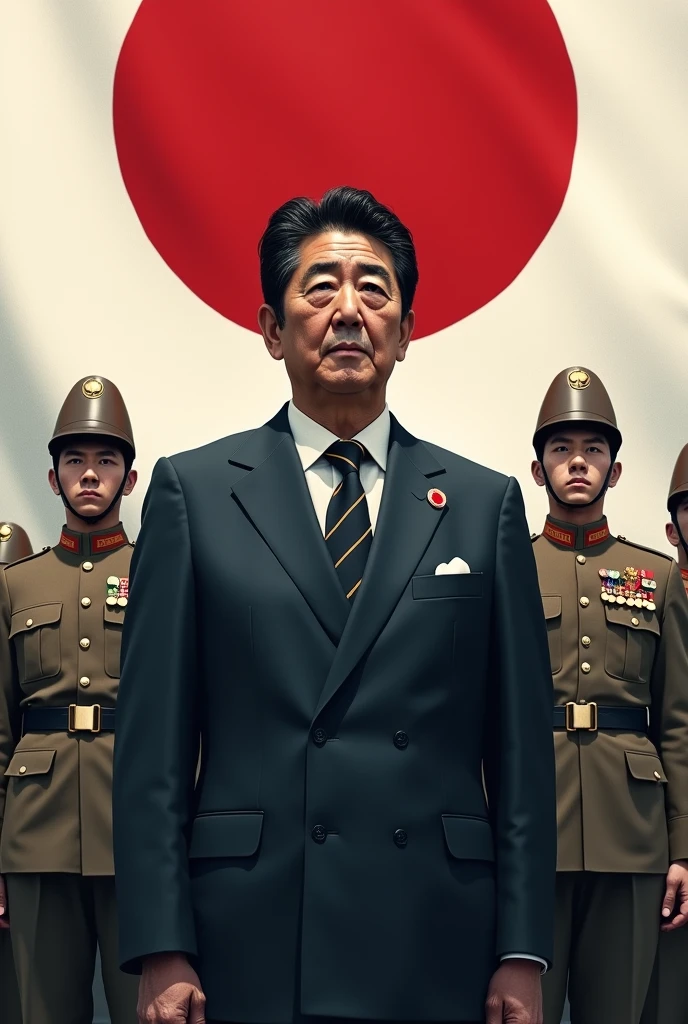 Background,Japan flag flutters, Standing、Shinzo Abe,Behind him are ...