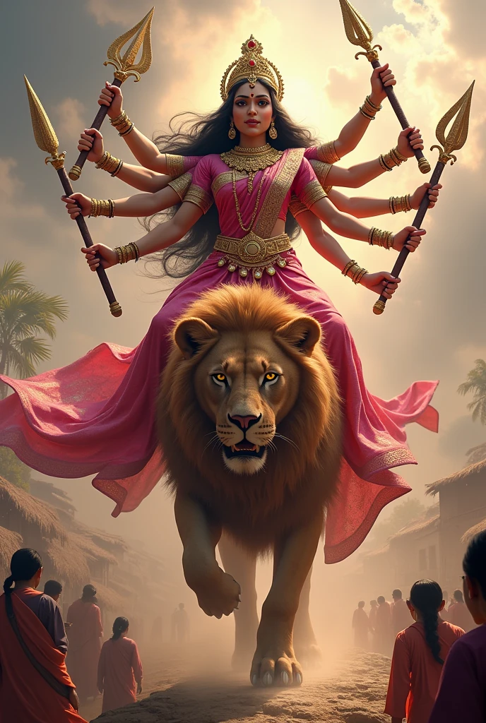 Ma durga with 10 hands wearing deep pink banarasi saree, crown - SeaArt AI