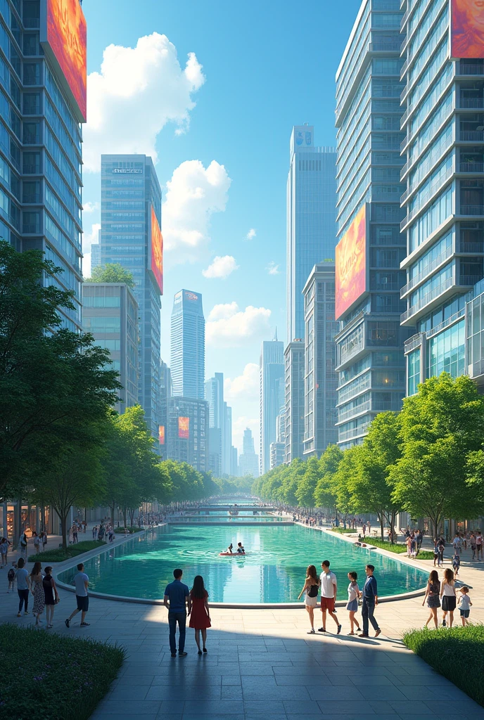 City of modern architecture, with a lake surrounded by trees - SeaArt AI