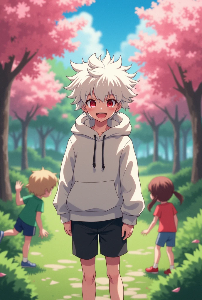 Anime male, striking red eyes, puffy white curly hair that has curls ...