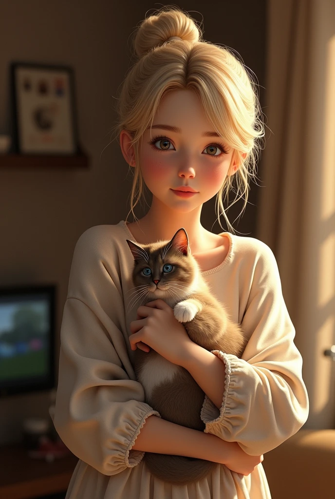(photorealism:1.2), woman with blond bun and quiff, cat in arms - SeaArt AI
