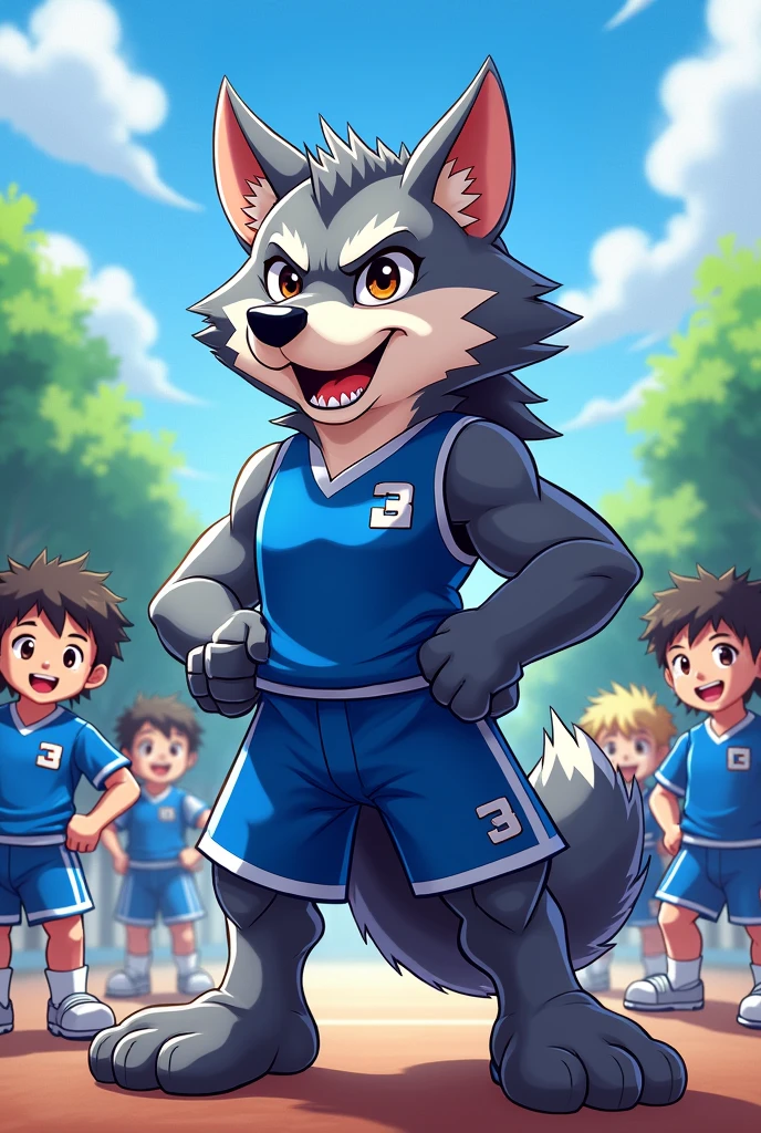 Wolf plus mascot of a third grade interclass elementary team with blue uniform - SeaArt AI