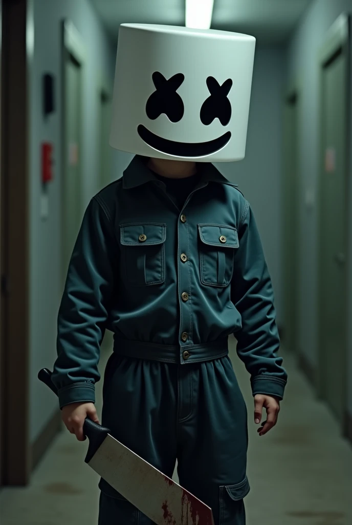 1 boy with a DJ Marshmello helmet as a head with Jason's costume on ...