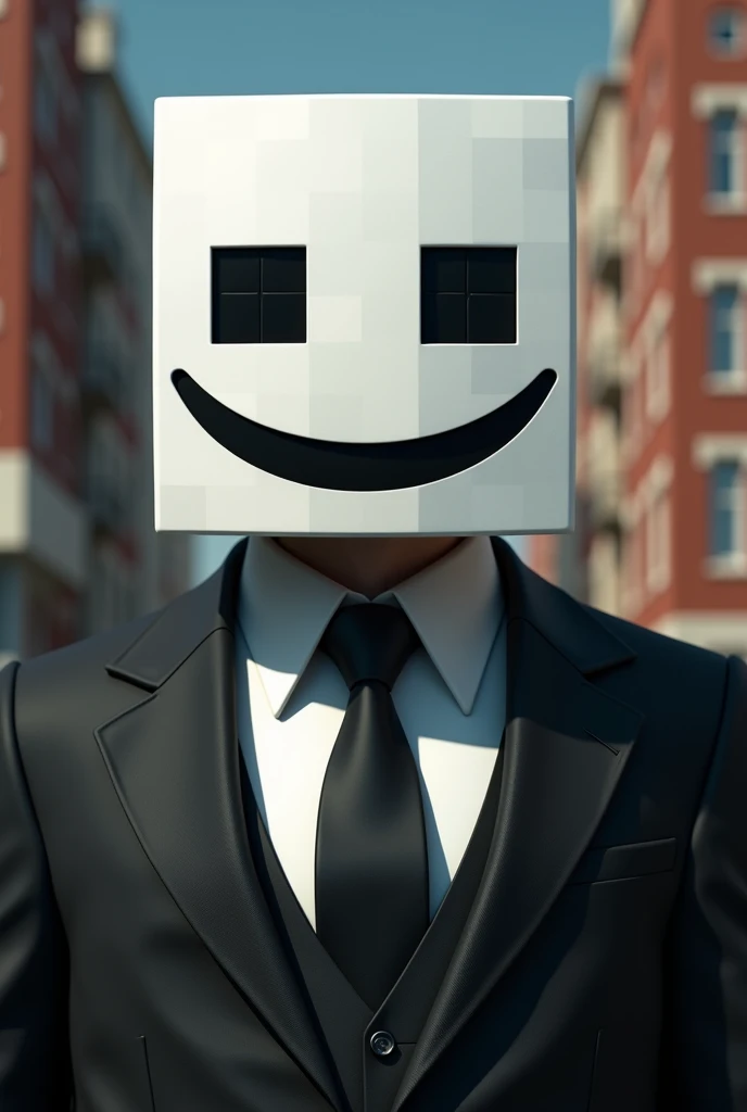Make a mayor in 4k wearing a white mask with a minecraft vibe smile ...