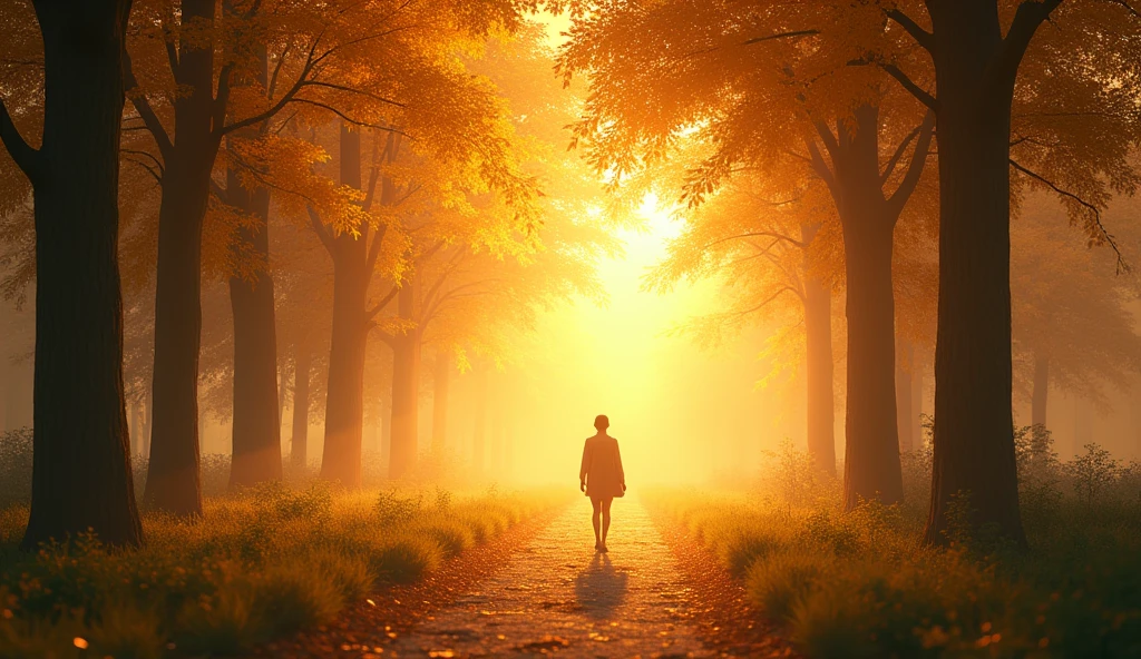 "Create an ULTRA REALISTIC image of a person walking down a lit path ...