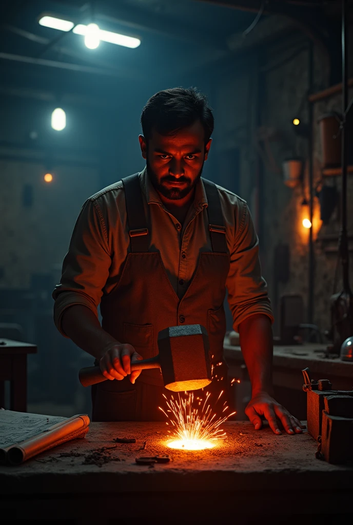"Create a dramatic night scene depicting a Gujarati blacksmith engineer ...