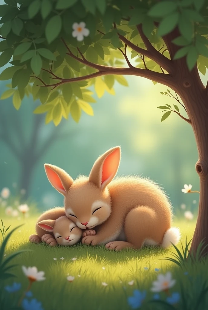 Sleeping Rabbit under the tree with his baby - SeaArt AI