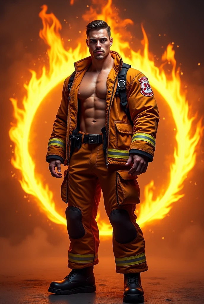 A handsome muscular young firefighter wearing a firefighter jacket ...