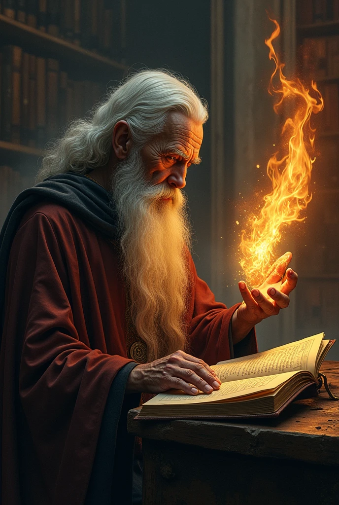 An old wise man is reading a book with a massage burning behind him ...