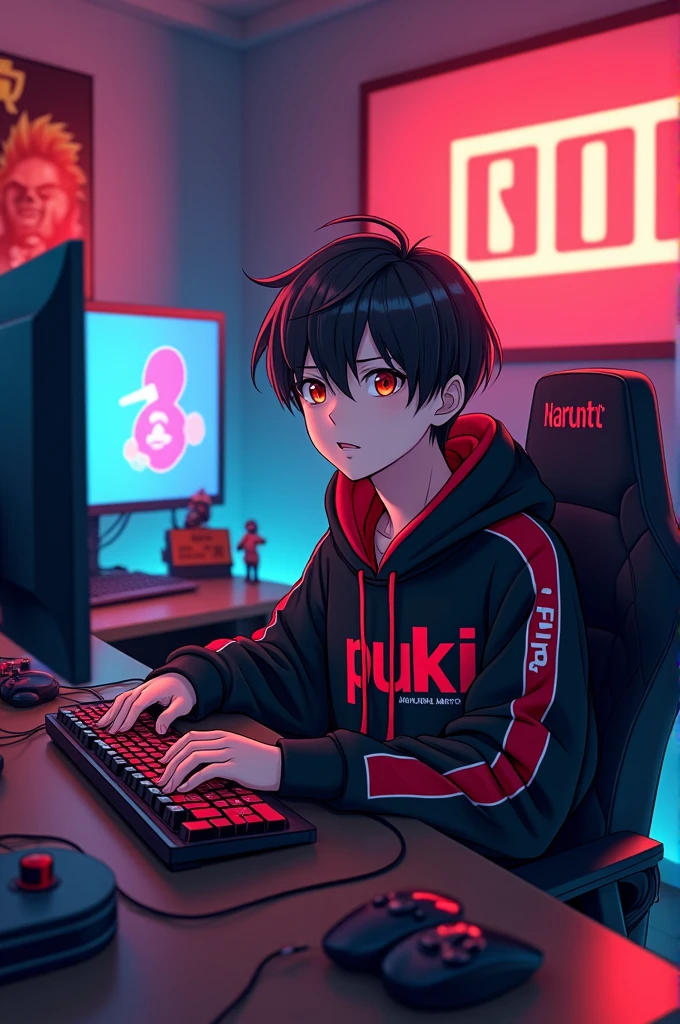 Create a image of "A 18 years anime boy, sitting in front of a gaming ...