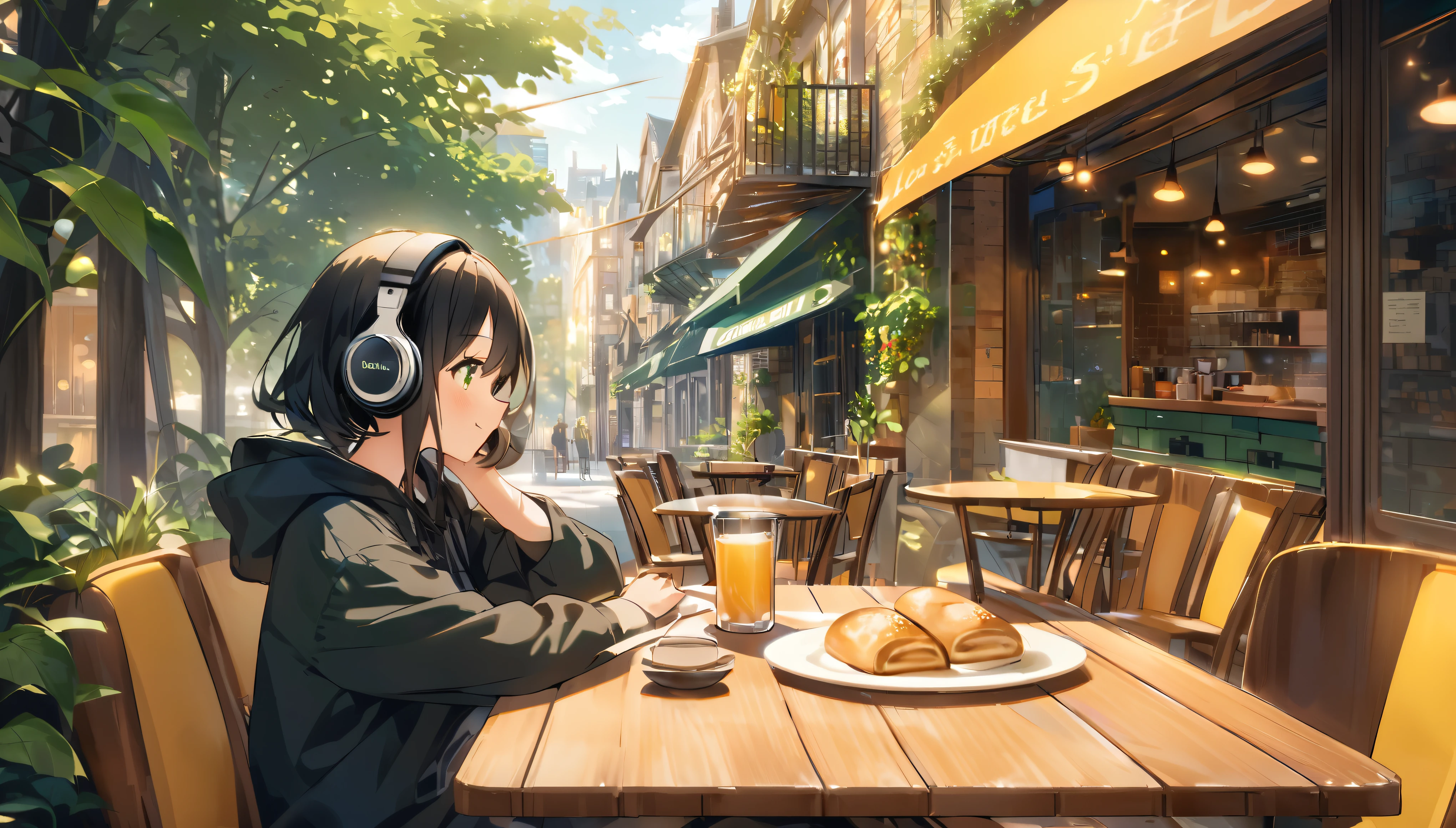 Anime girl sitting at a table with a plate of food and a drink - SeaArt AI
