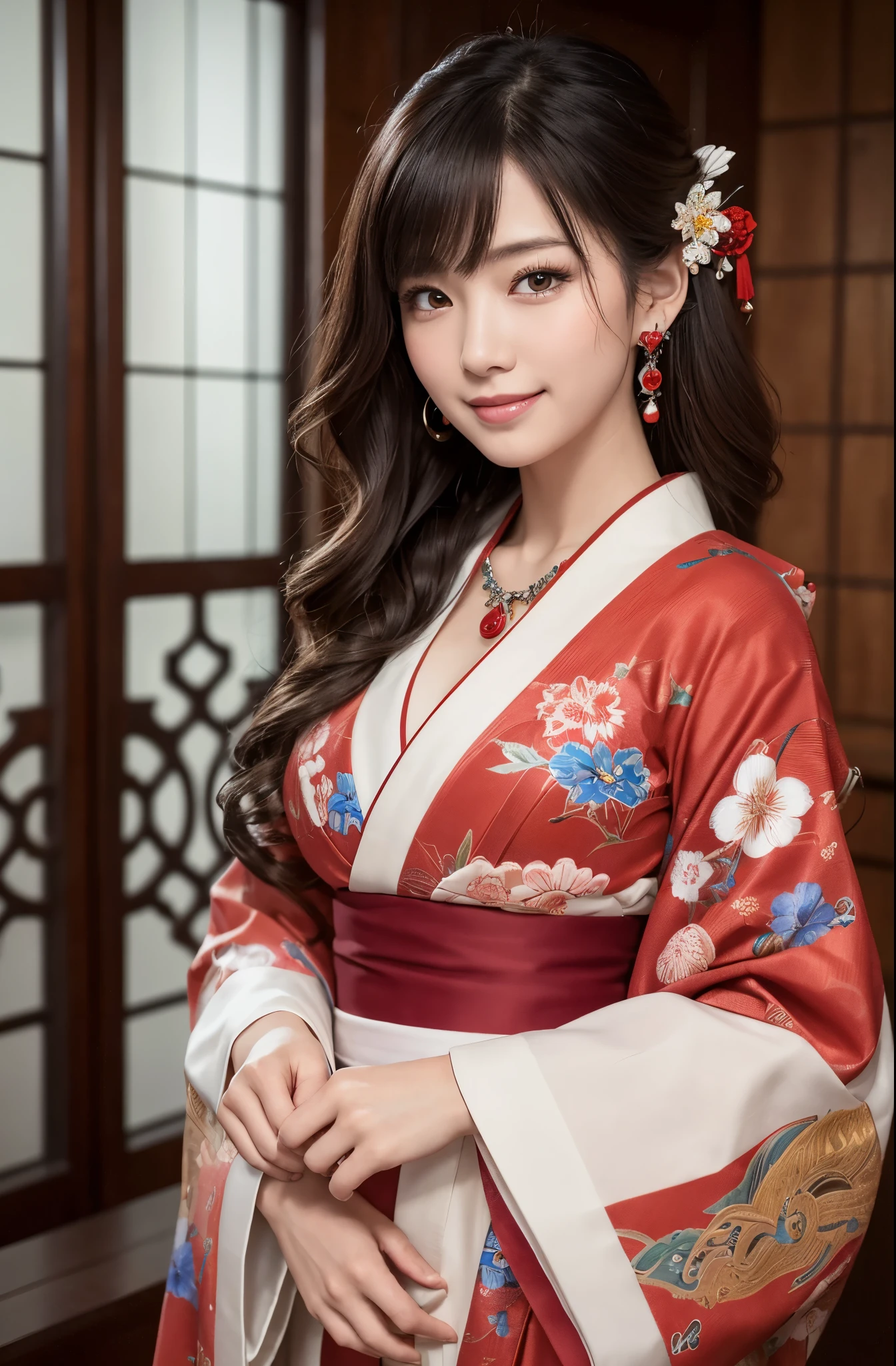 A woman in a red kimono is posing for a picture - SeaArt AI