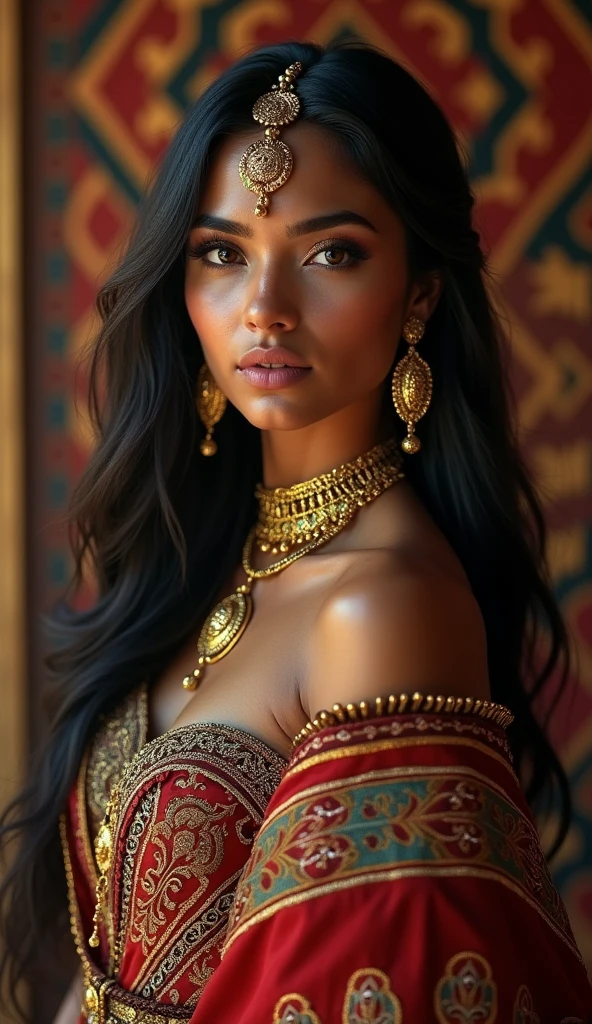 A beautiful inca princess, long dark hair, detailed face features ...