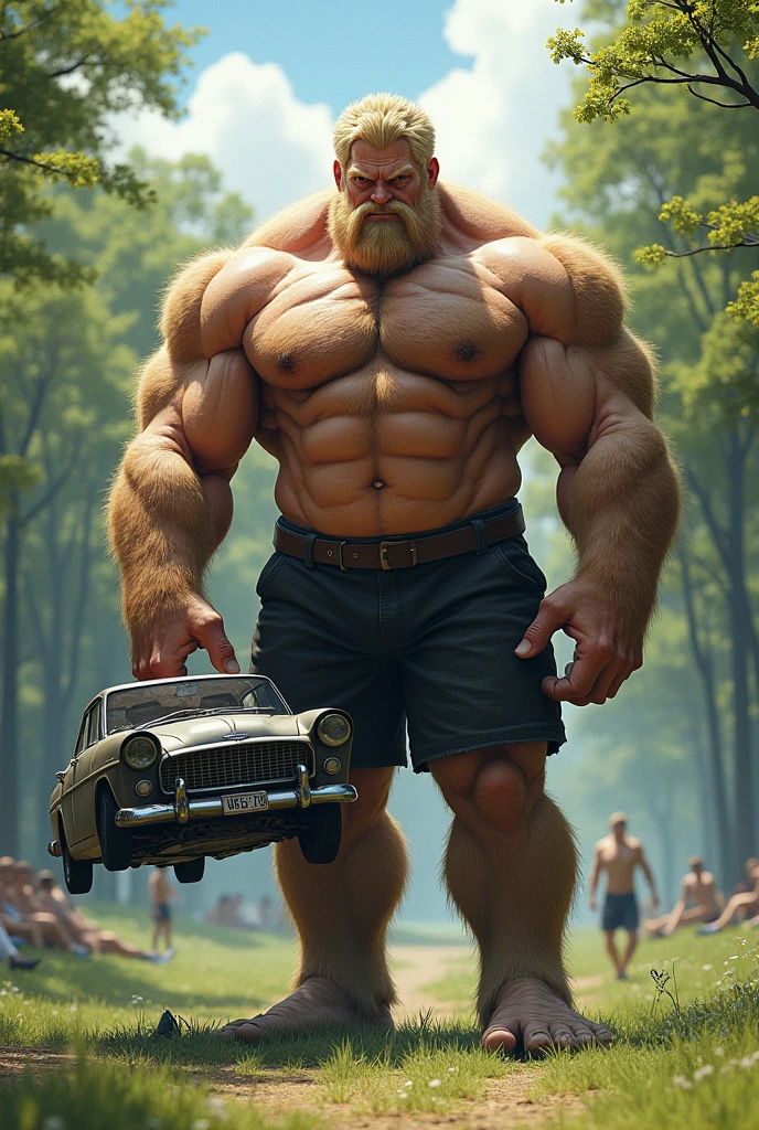 A towering, hyper-muscular man with exaggerated bodybuilder-like ...