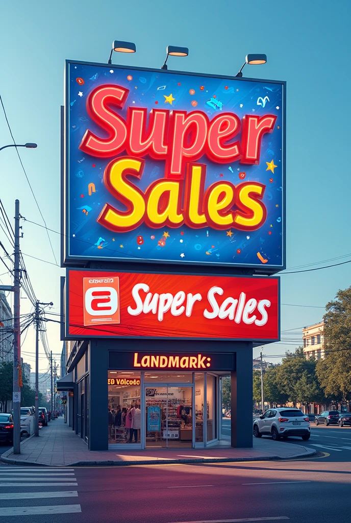 Create a multiple sign board namely SUPER SALES WITH TAG LINE LANDMARK ...