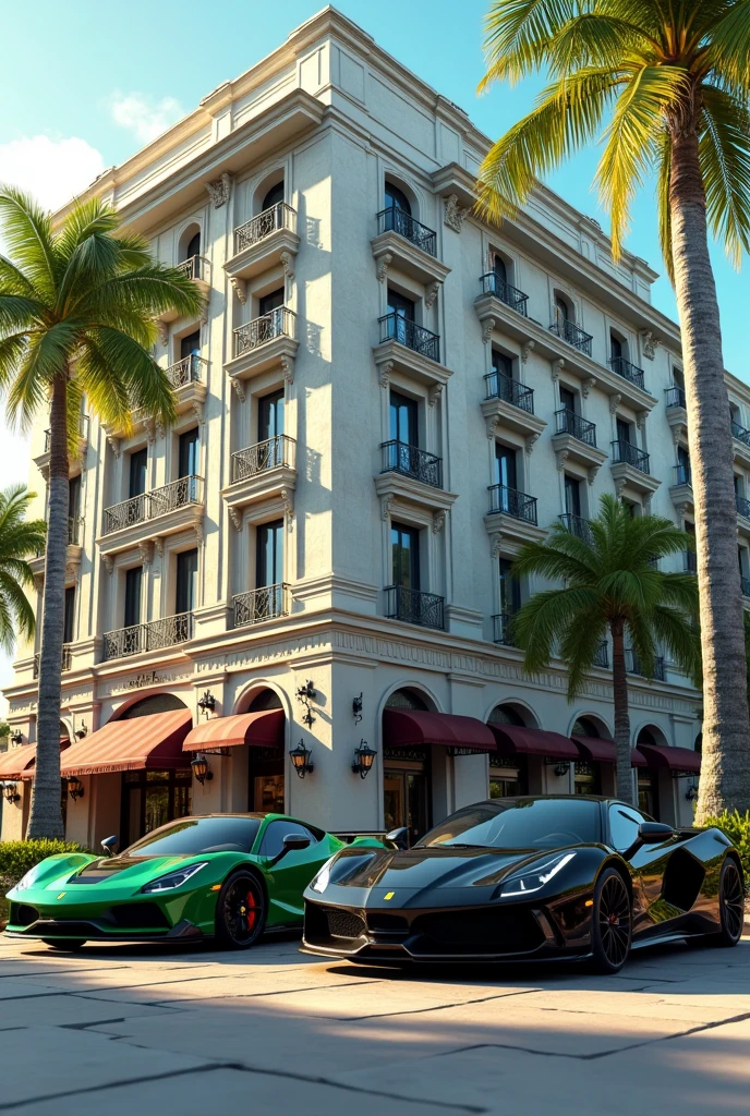 A grey floridian hotel facade with coconut trees on the side walk and ...