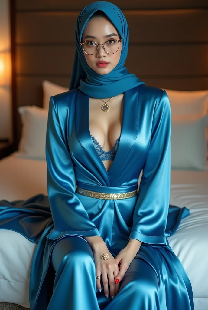 Sexy blue kebaya satin Wear Blue satin hijab On luxury bed Bra expose Wearing G - SeaArt AI