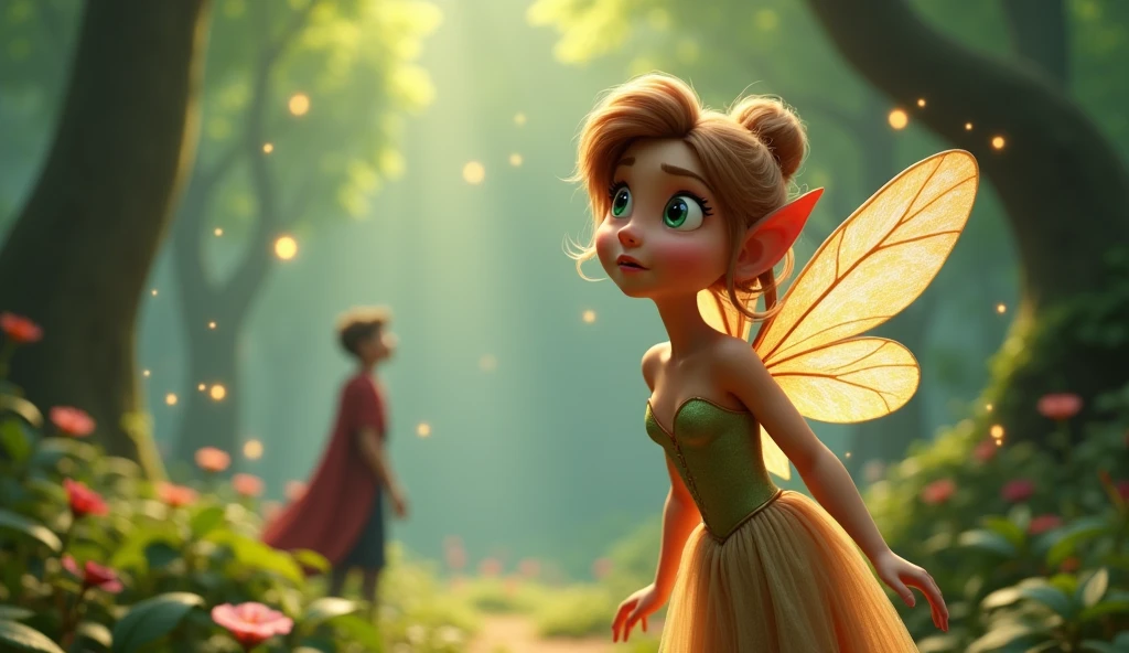 In 3D animation style: The fairy looking startled as she senses the ...