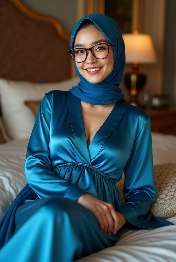 Sexy blue kebaya satin with black high heel Wear Blue satin hijab Sleep luxury b - SeaArt AI