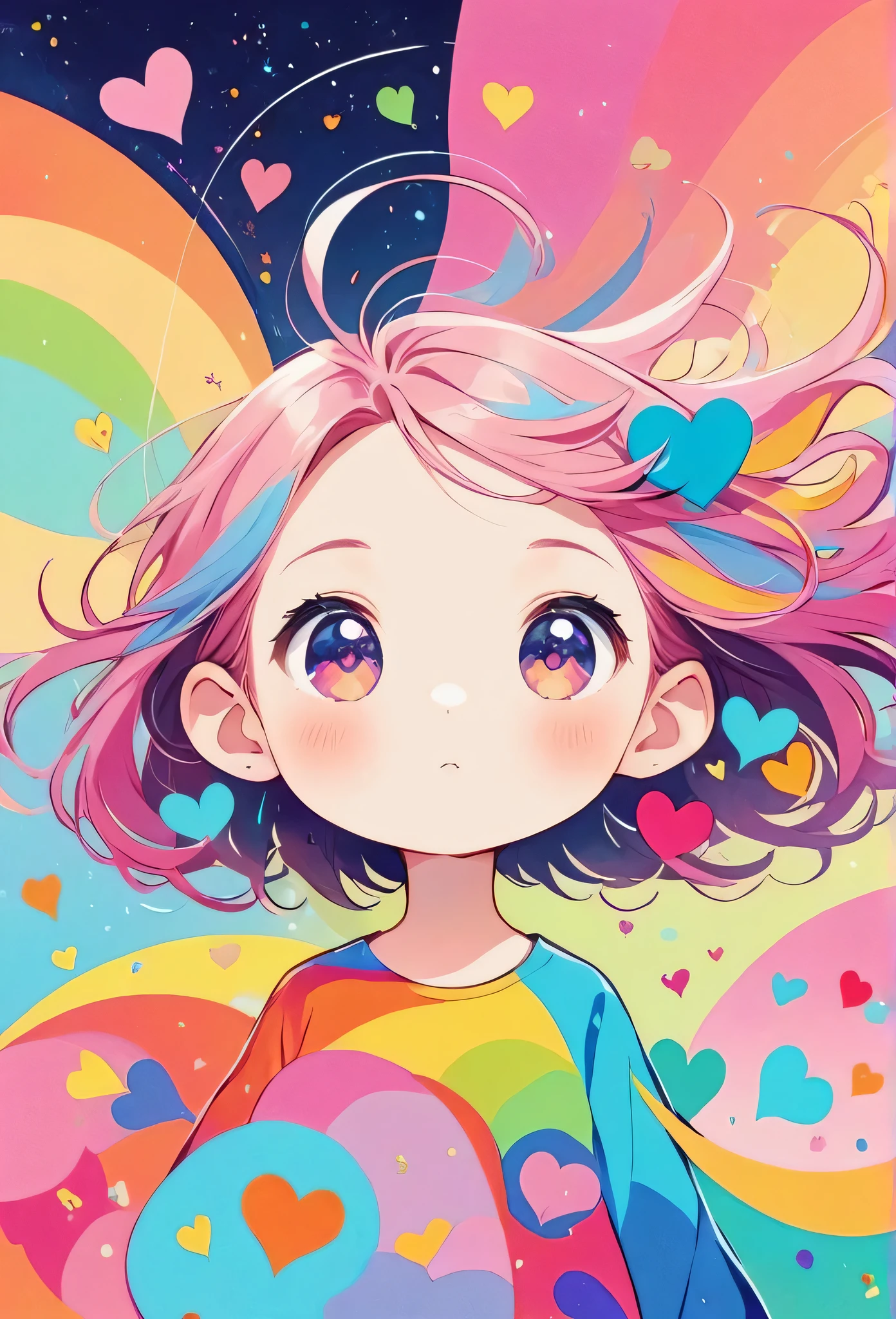 A girl with pink hair and blue eyes is standing in front of a rainbow ...