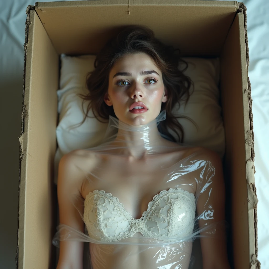 A young and very beautiful woman is wrapped tightly in plastic wrap - SeaArt AI