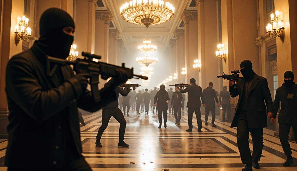 A group of terrorists attacking someone with guns in a bank - SeaArt AI