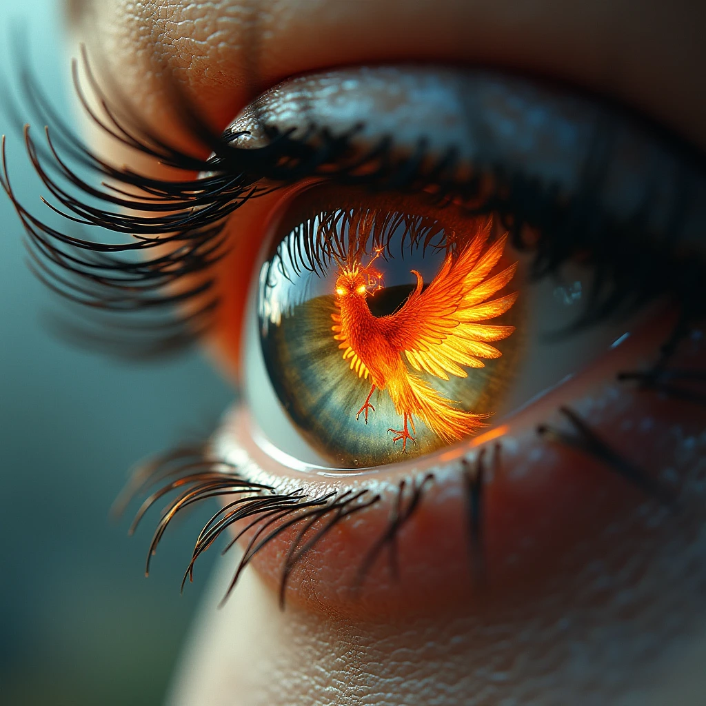 A picture of an eye looking on a phoenix the phoenix is being reflected ...