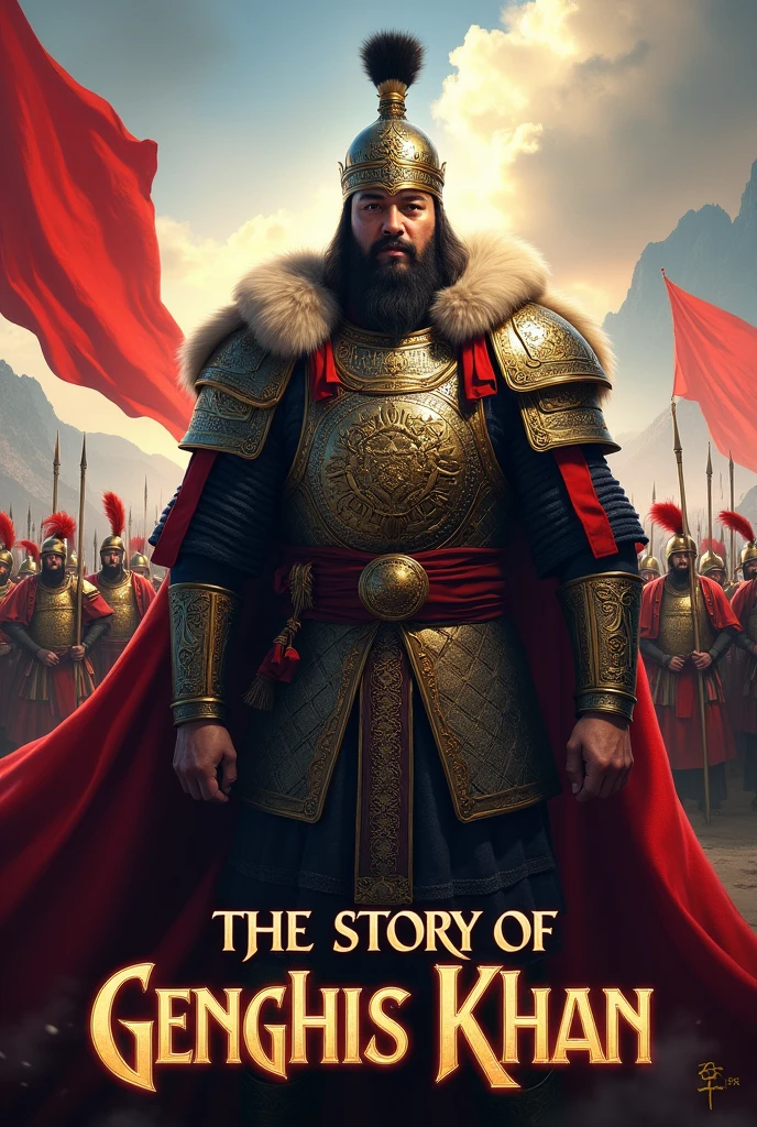 The image is a powerful depiction of **Genghis Khan** leading his ...