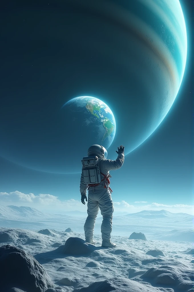 A man standing on Neptune and saying hi towards earth - SeaArt AI